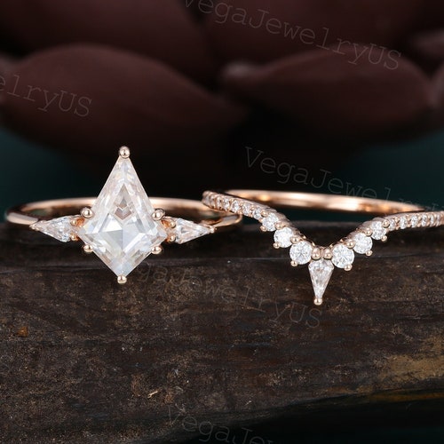 Kite Shaped Moissanite Ring Set Unique White Gold Engagement - Etsy