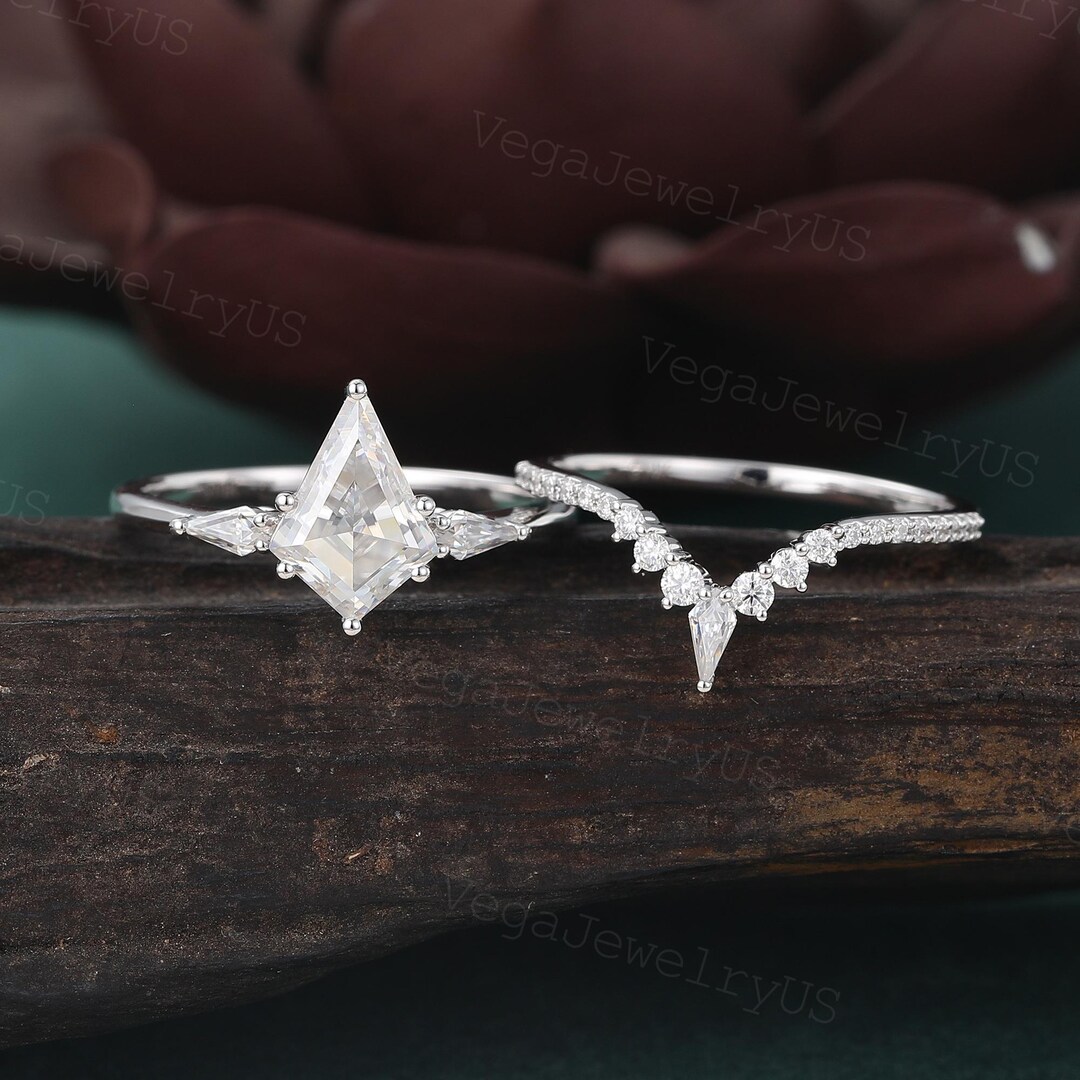 Kite Cut Moissanite Ring Set Unique White Gold Engagement Ring Set Art ...