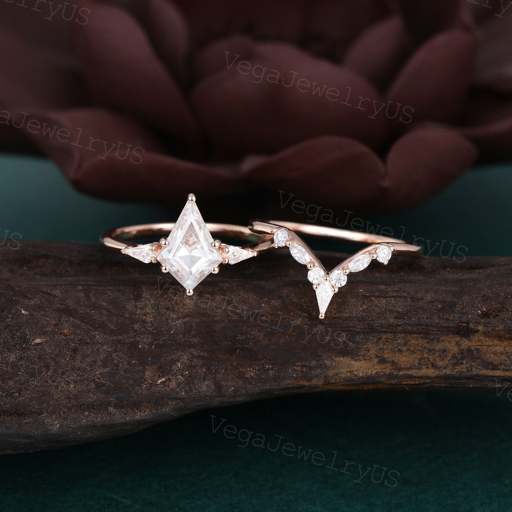 Unique Kite Shaped Moissanite Engagement Ring Set Rose Gold Engagement ...