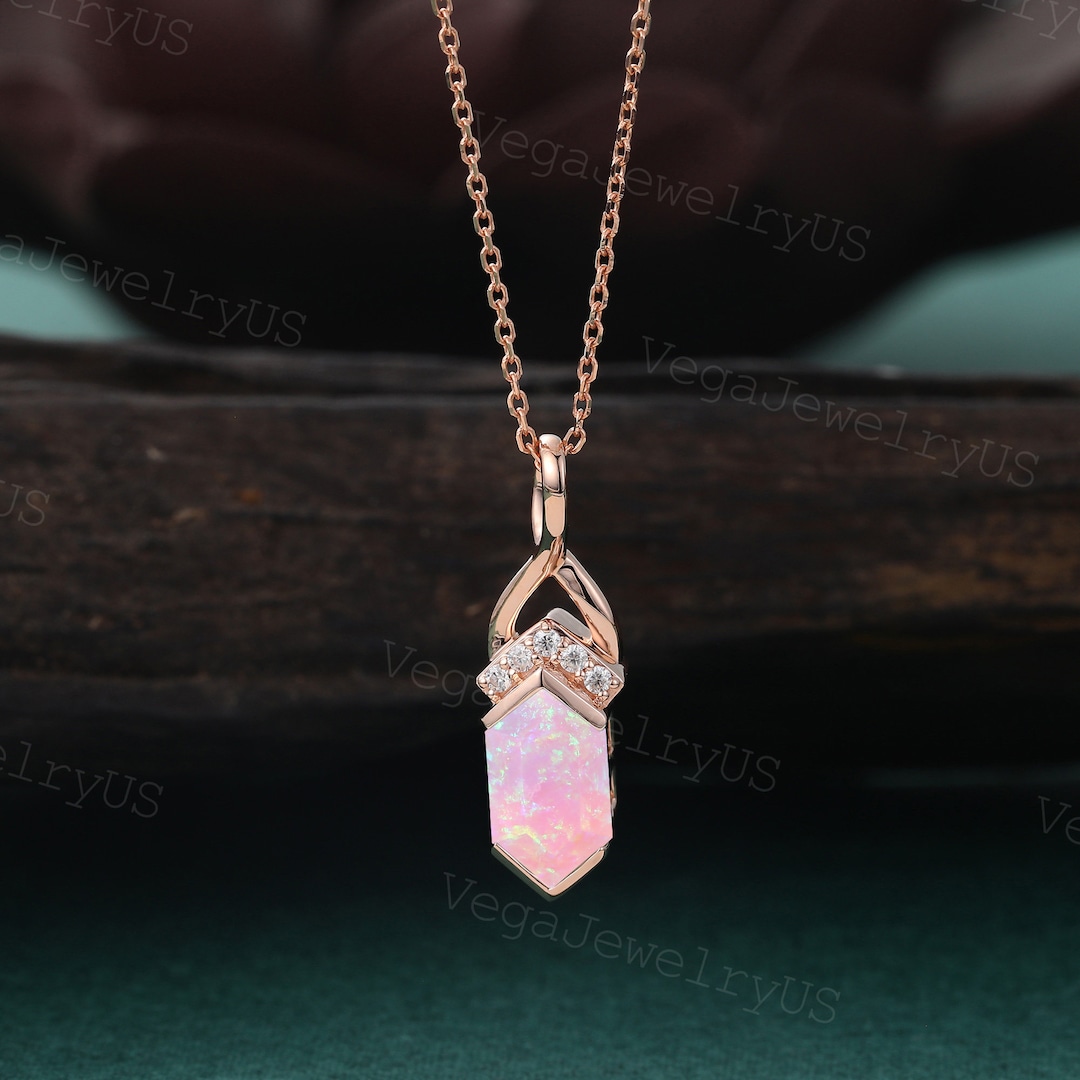 Long Hexagon Cut Pink Opal Necklace Hexagon Opal Pendant Vintage Rose ...