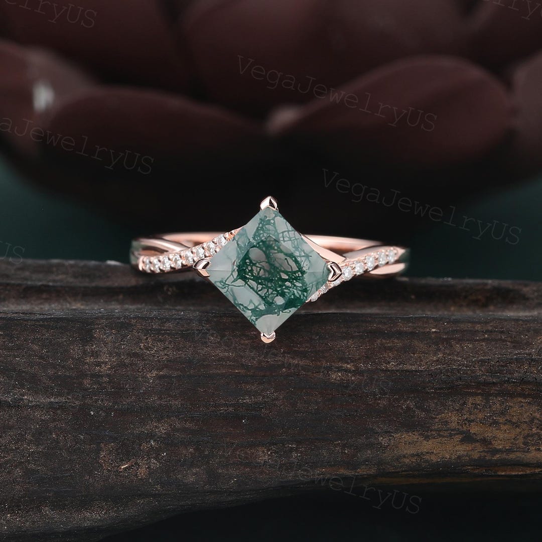 Princess Cut Moss Agate Engagement Ring Vintage Rose Gold Twist ...