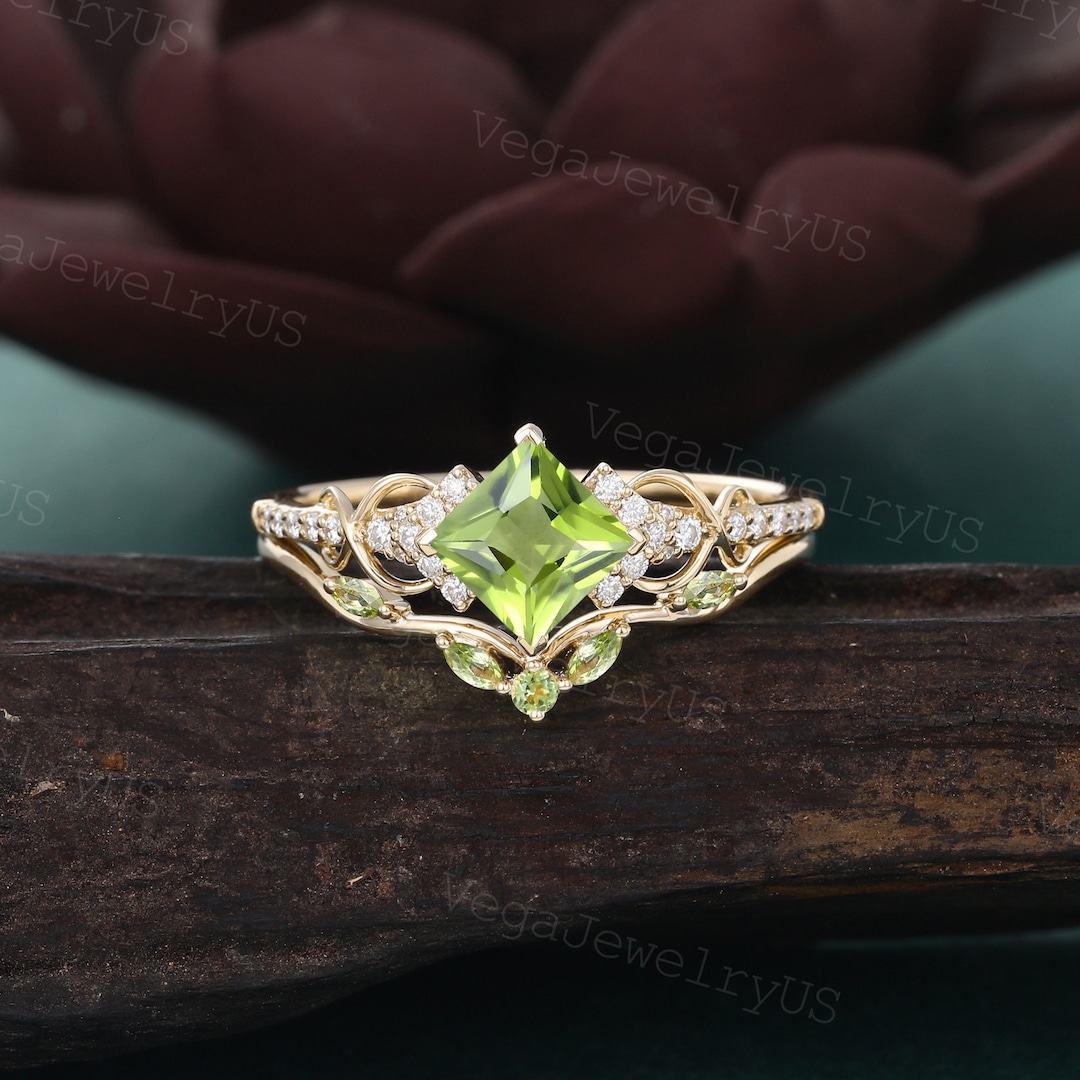 Princess Cut Peridot Engagement Ring Set Danity Yellow Gold Marquise ...