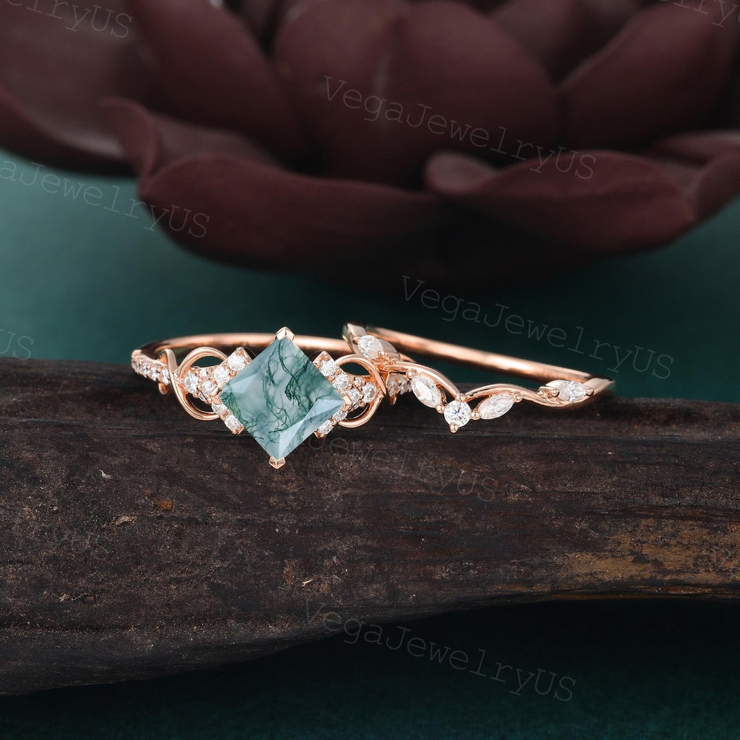 Princess Cut Moss Agate Engagement Ring Set Vintage Rose Gold Marquise ...