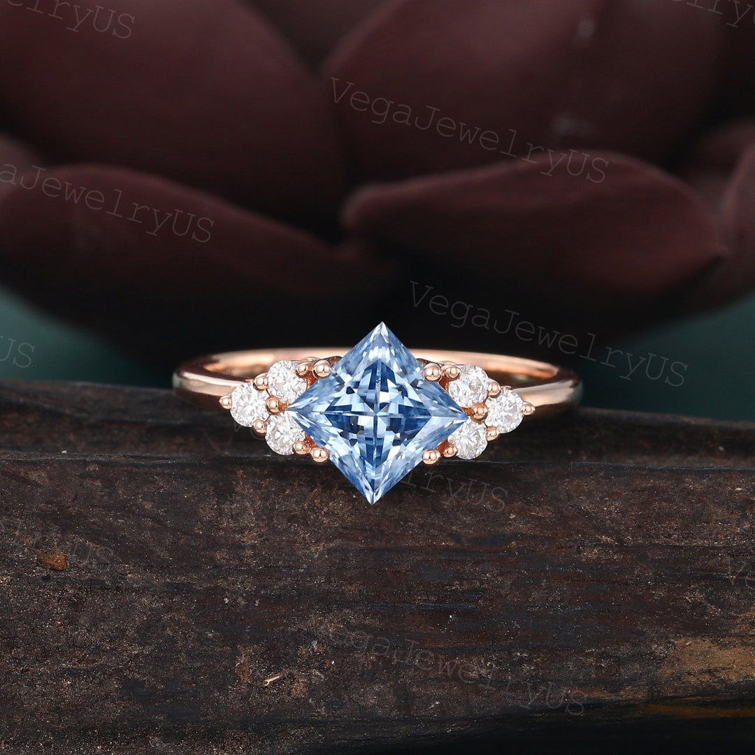 Princess Cut Gray Blue Moissanite Engagement Ring Unique Rose Gold ...