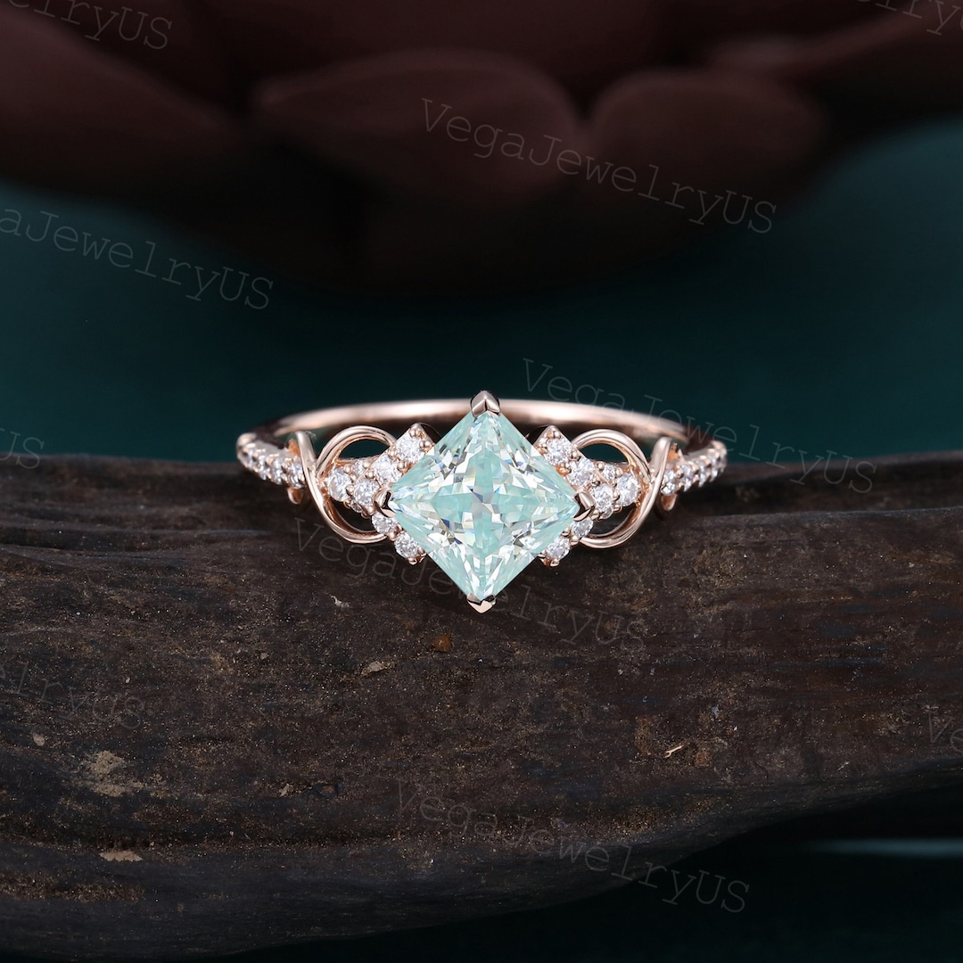 Unique Princess Cut Blue Moissanite Engagement Ring Rose Gold ...