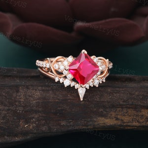 Princess Cut Ruby Engagement Ring Set Rose Gold Moissanite - Etsy