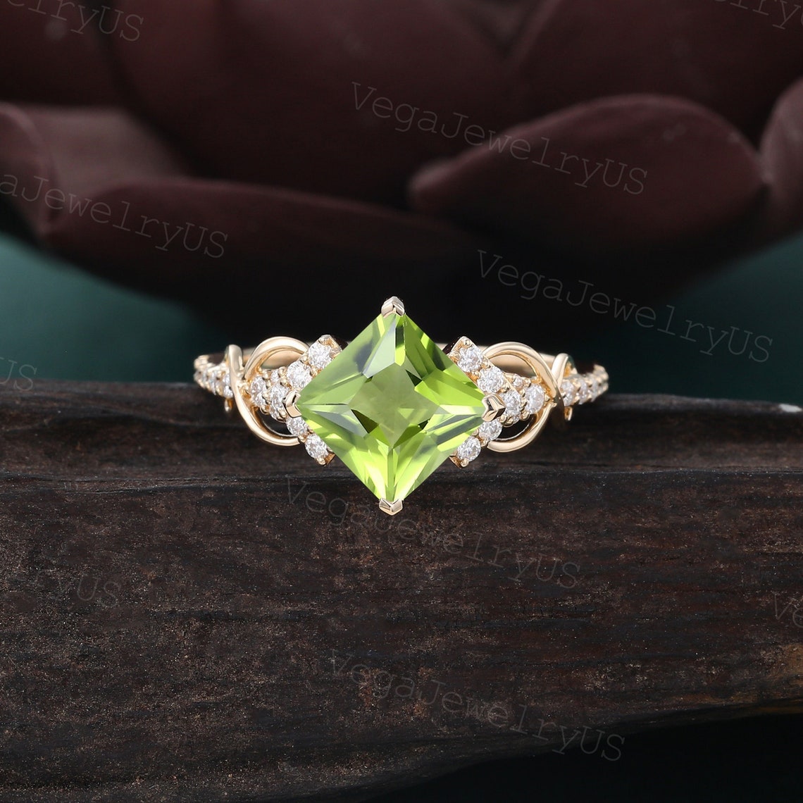 Princess Cut Peridot Engagement Ring Unique Yellow Gold Moissanite ...