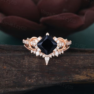 Princess Cut Black Onyx Engagement Ring Set Rose Gold Kite Shaped ...