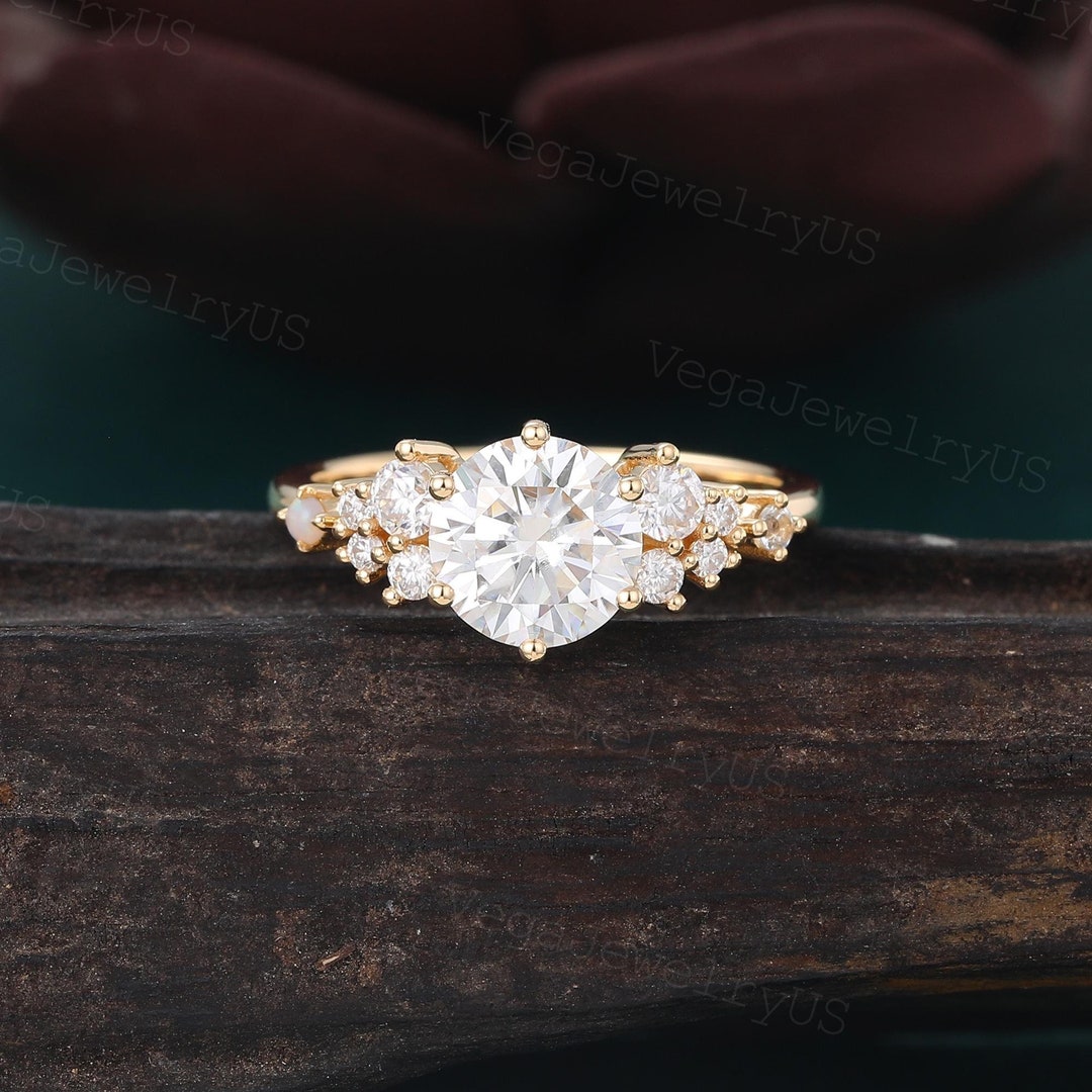 Round Cut Moissanite Engagement Ring Unique Yellow Gold Diamond Bridal ...