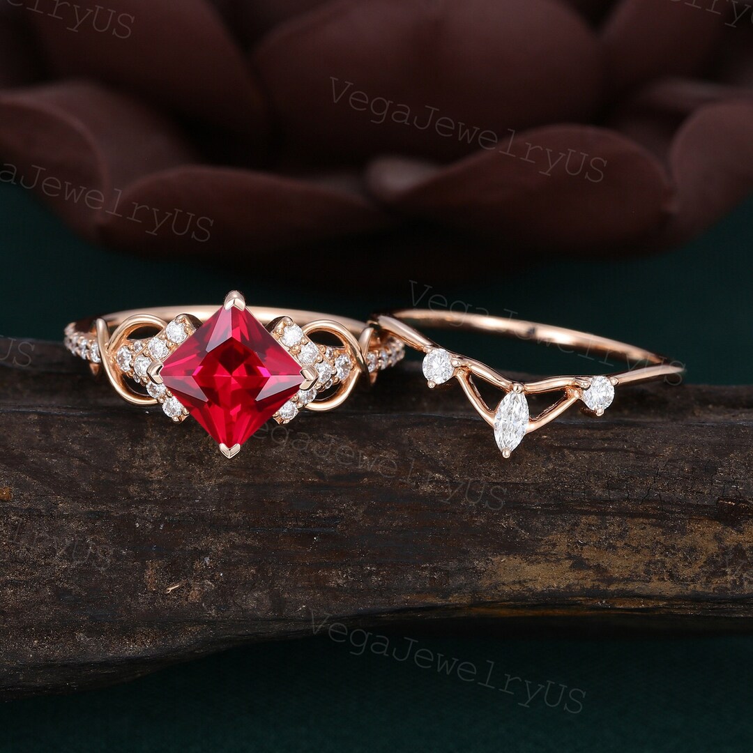 Princess Cut Ruby Engagement Ring Set Rose Gold Moissanite Ring Set ...