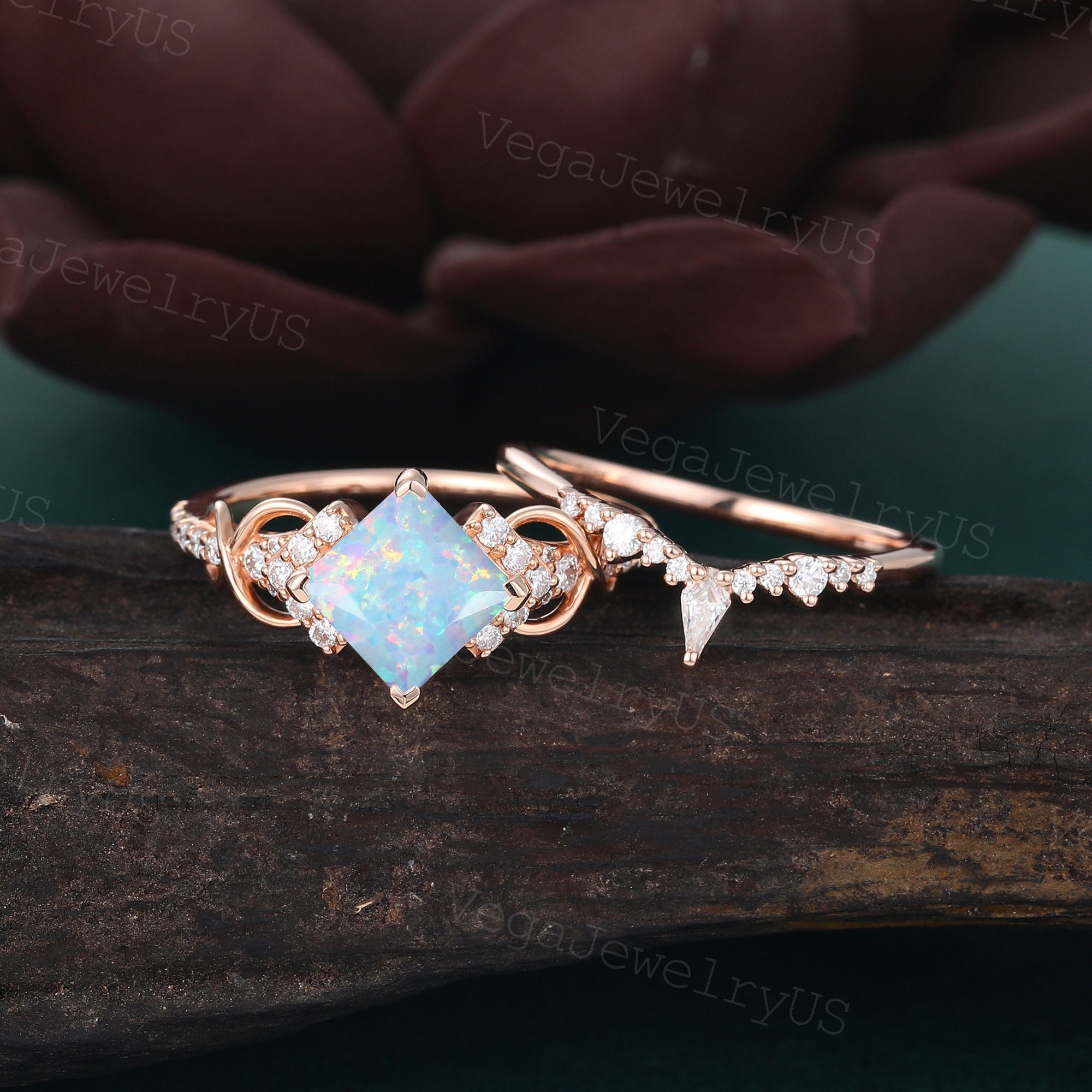 Princess Cut Opal Ring Set Unique Rose Gold Engagement Ring - Etsy