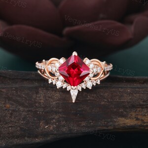 Princess Cut Ruby Engagement Ring Set Rose Gold Moissanite - Etsy