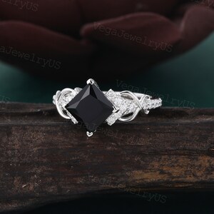 Princess Cut Black Onyx Engagement Ring Unique White Gold Moissanite ...