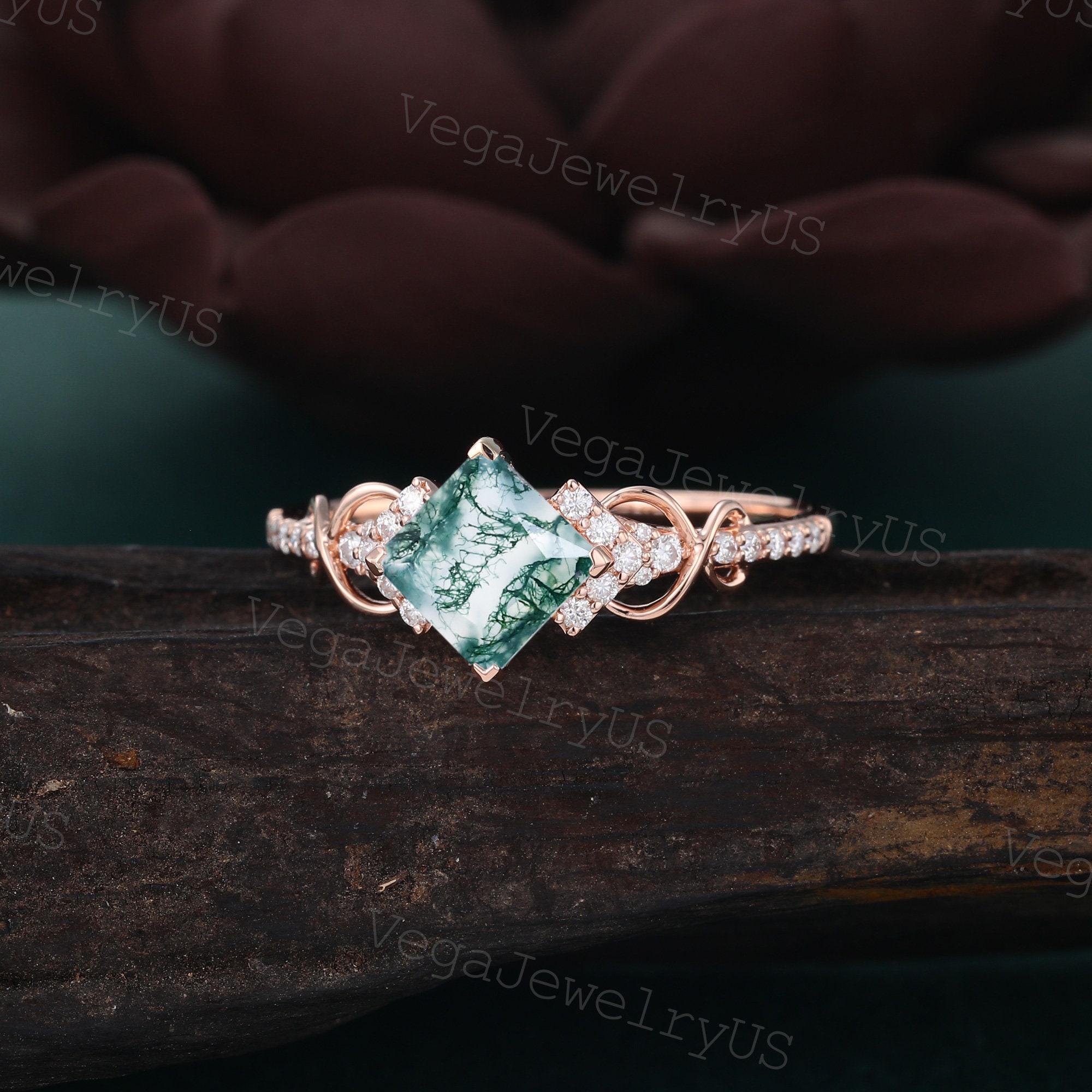 Princess Cut Moss Agate Engagement Ring Unique Rose Gold Moissanite ...