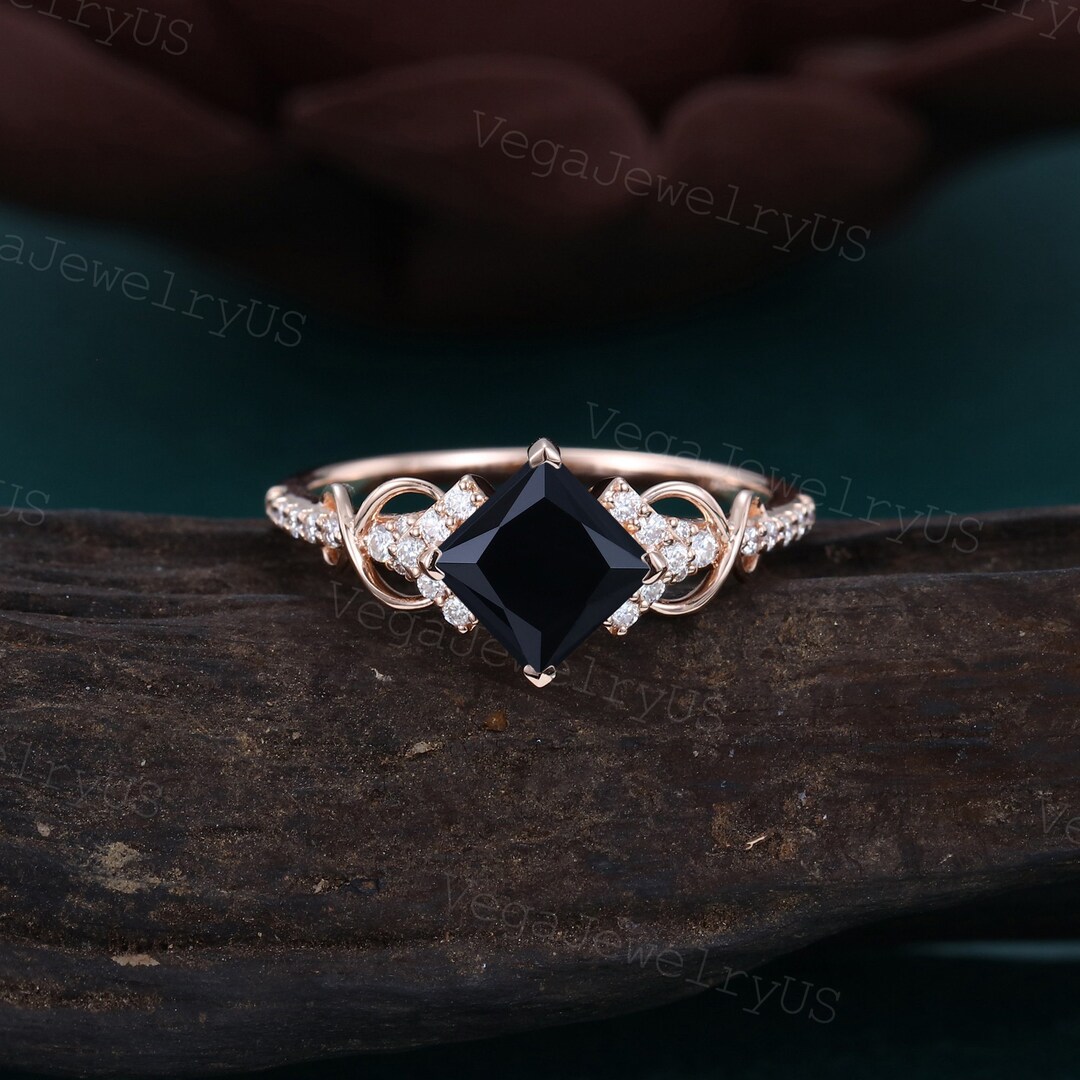 Princess Cut Black Onyx Engagement Ring Vintage Rose Gold Moissanite ...