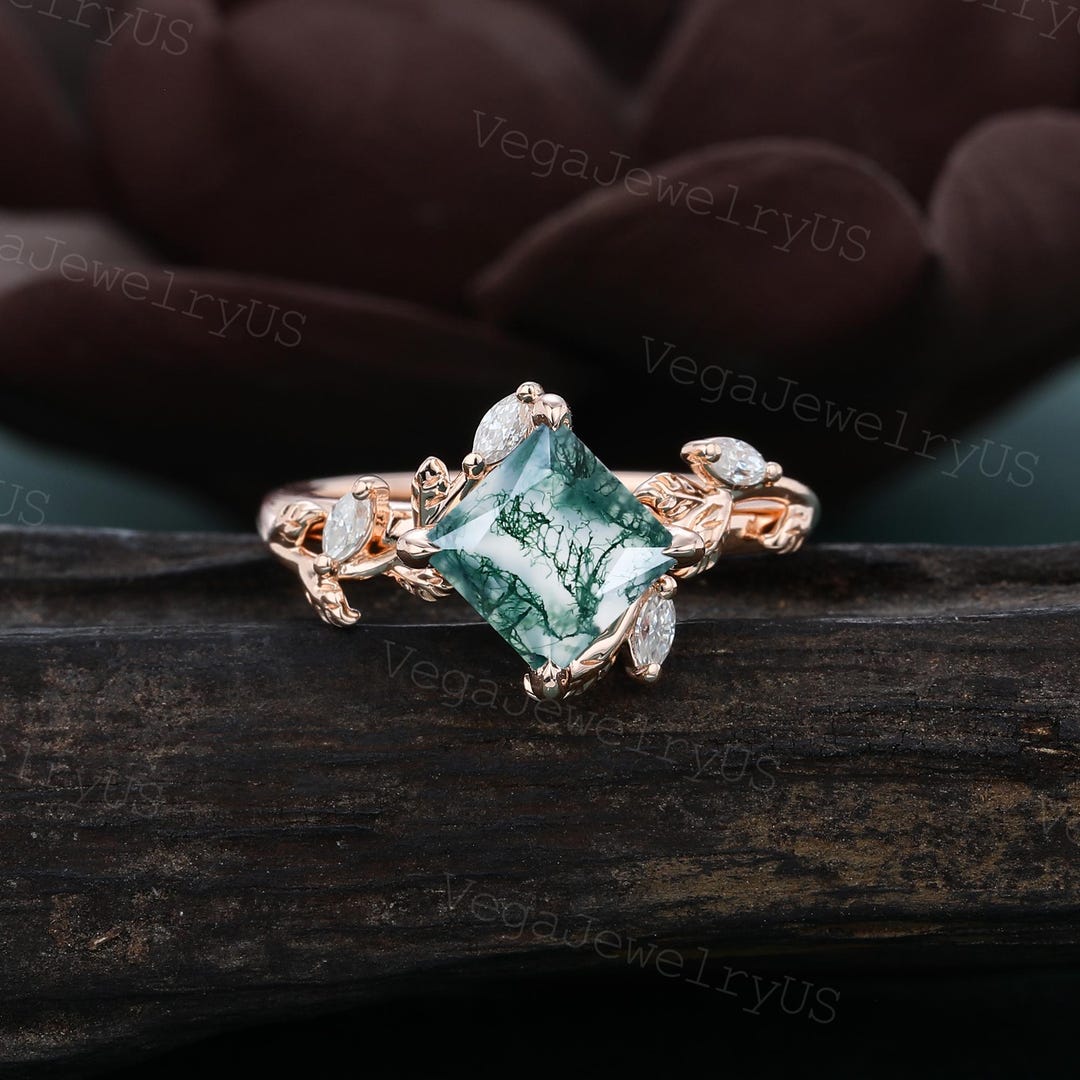 Princess Cut Moss Agate Engagement Ring Vintage Rose Gold Marquise Art ...