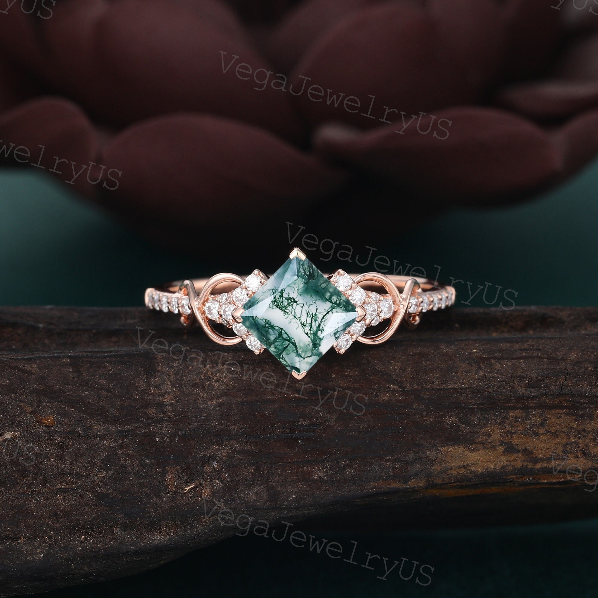 Princess Cut Moss Agate Engagement Ring Unique Rose Gold - Etsy
