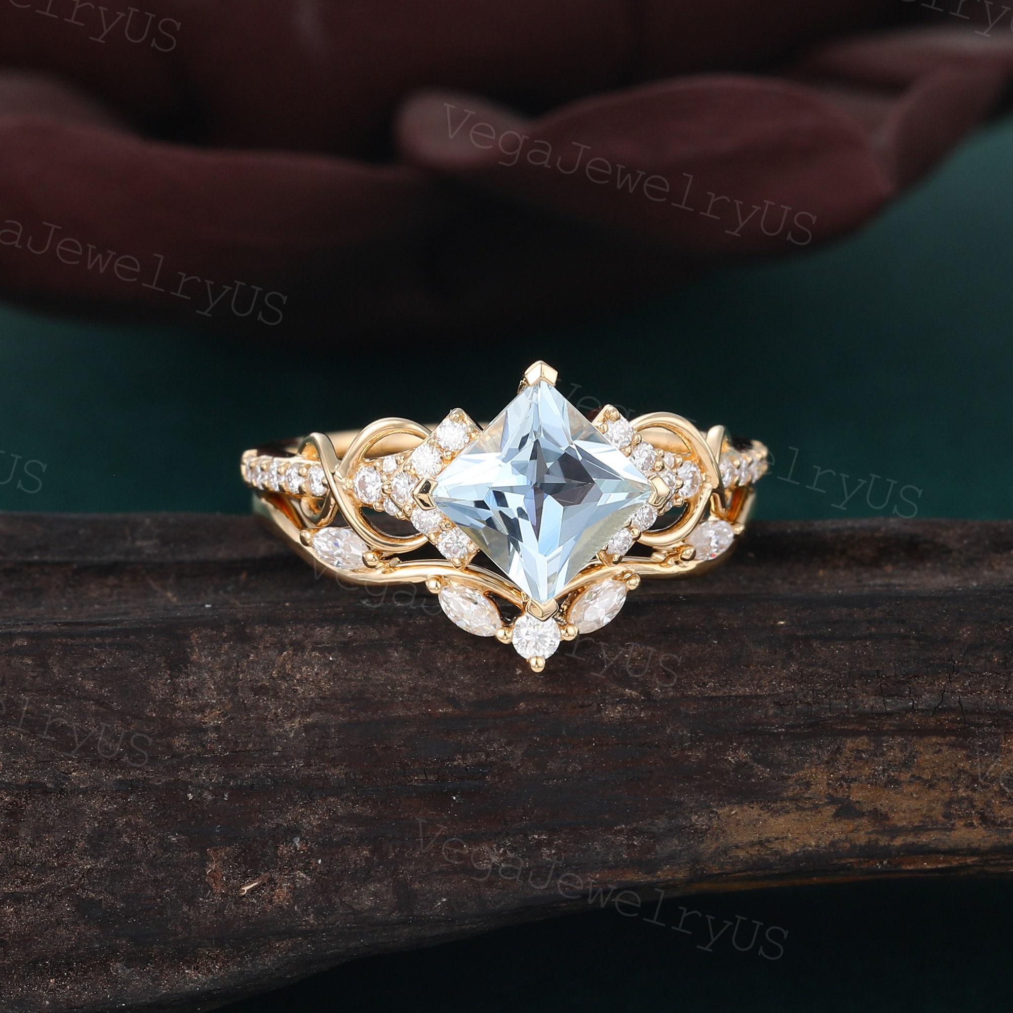 Princess Cut Aquamarine Engagement Ring Set Unique Yellow Gold - Etsy