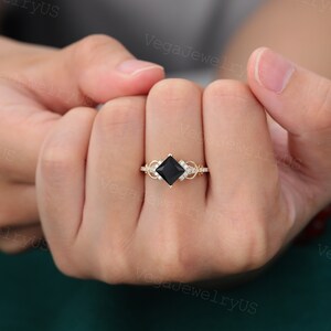 Princess Cut Black Onyx Engagement Ring Unique Yellow Gold Moissanite ...