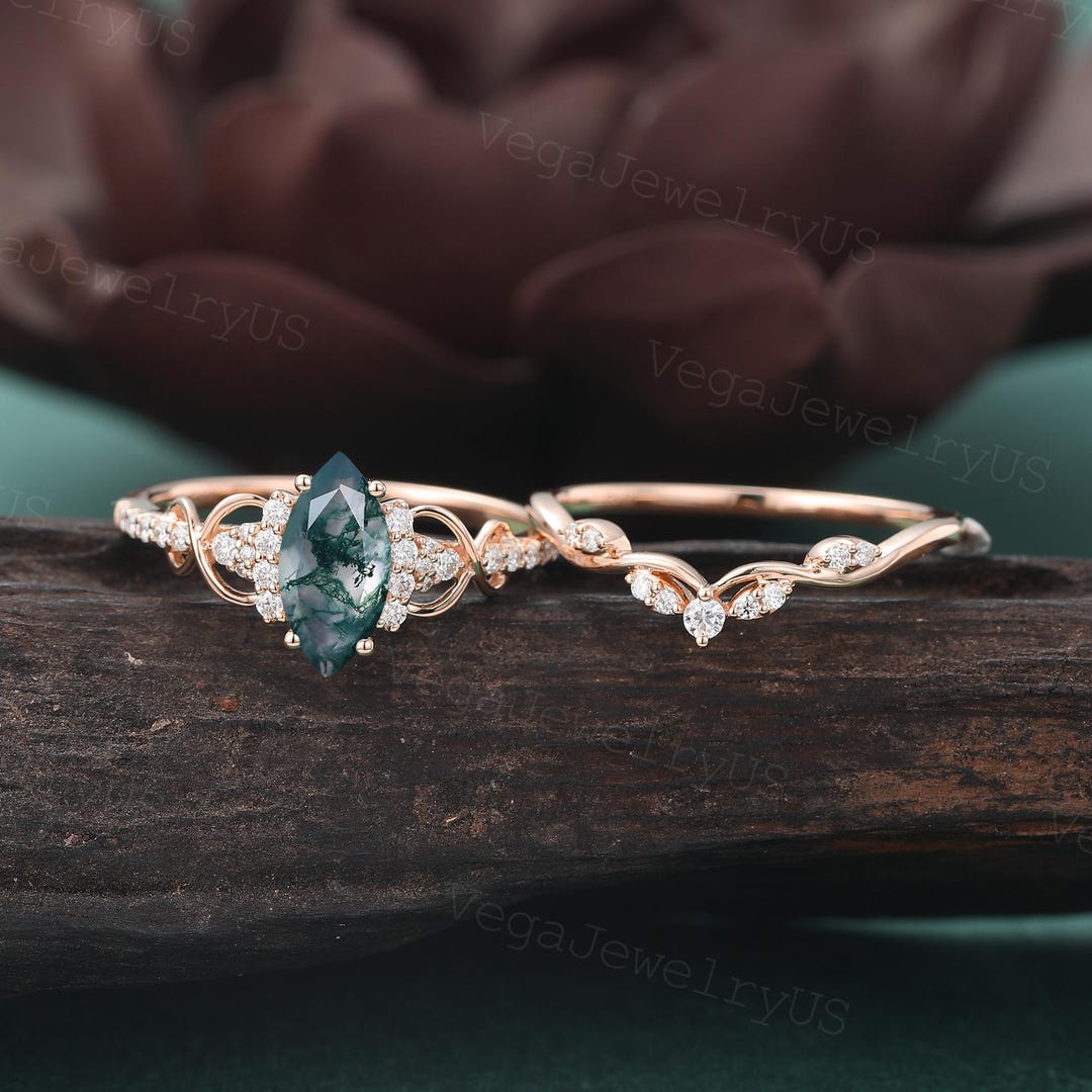 Marquise Cut Moss Agate Engagement Ring Set Vintage Rose Gold ...