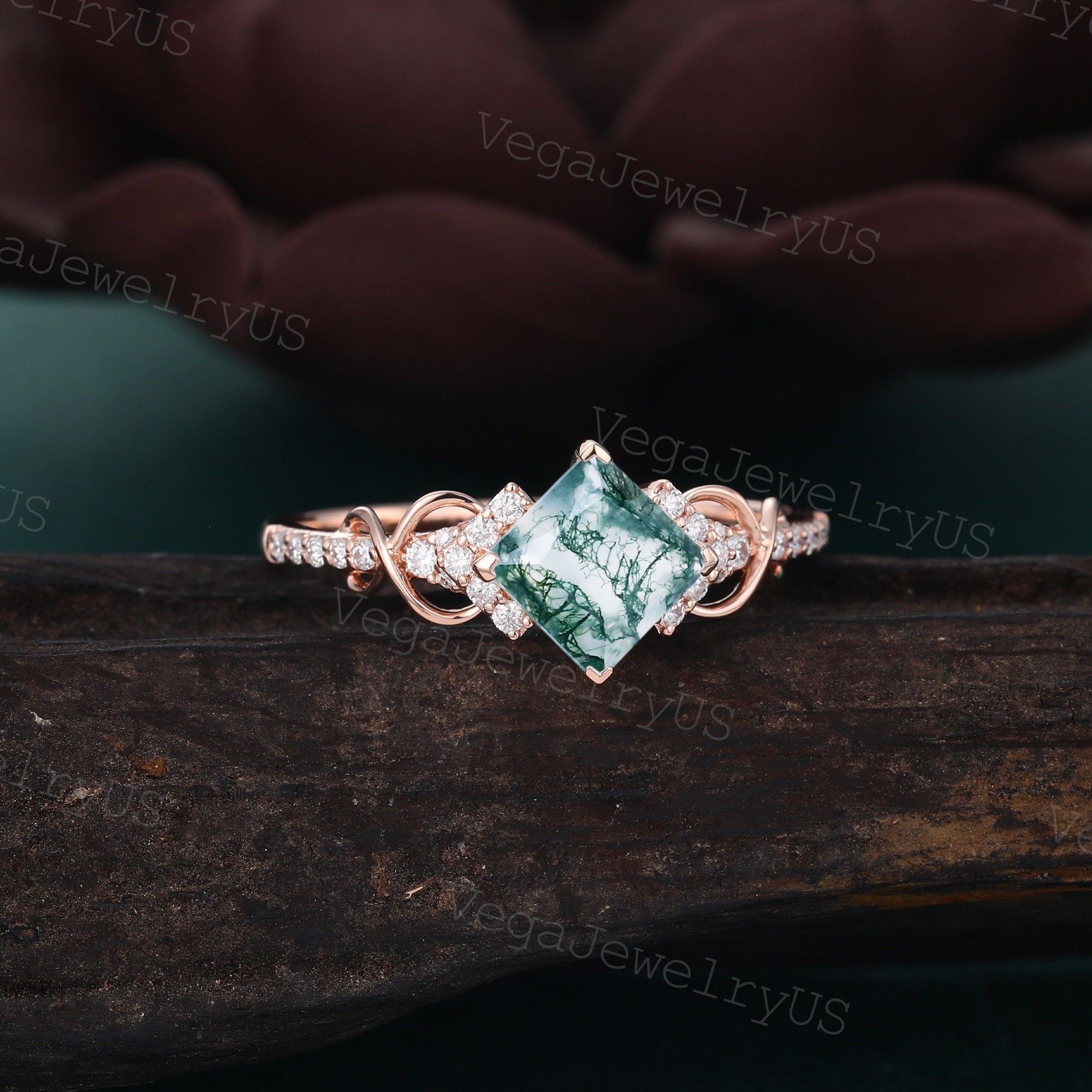 Princess Cut Moss Agate Engagement Ring Unique Rose Gold Moissanite ...