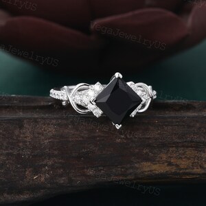 Princess Cut Black Onyx Engagement Ring Unique White Gold Moissanite ...