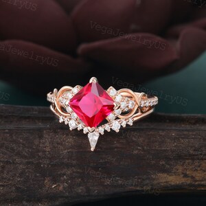 Princess Cut Ruby Engagement Ring Set Rose Gold Moissanite - Etsy