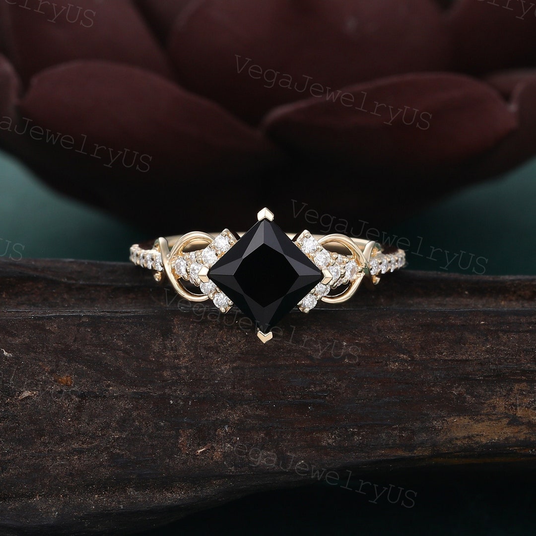 Princess Cut Black Onyx Engagement Ring Unique Yellow Gold Moissanite ...