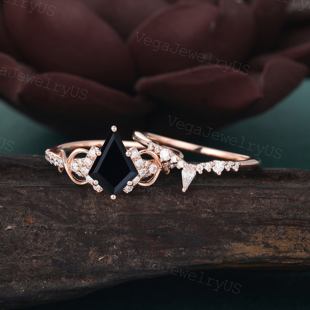 Kite Cut Black Onyx Engagement Ring Set Rose Gold Kite Shaped ...