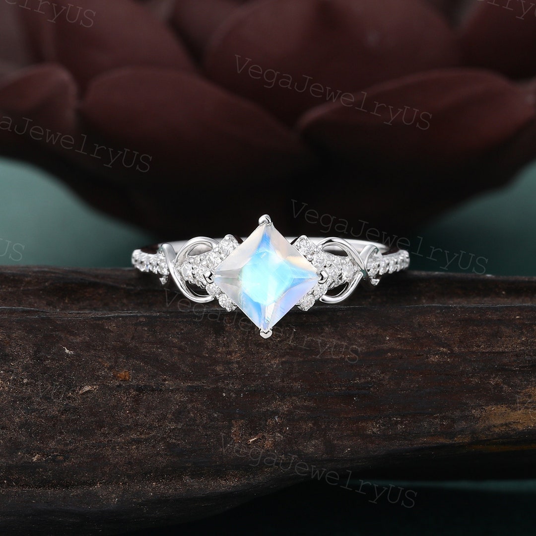 Princess Cut Moonstone Engagement Ring Unique White Gold Moissanite ...