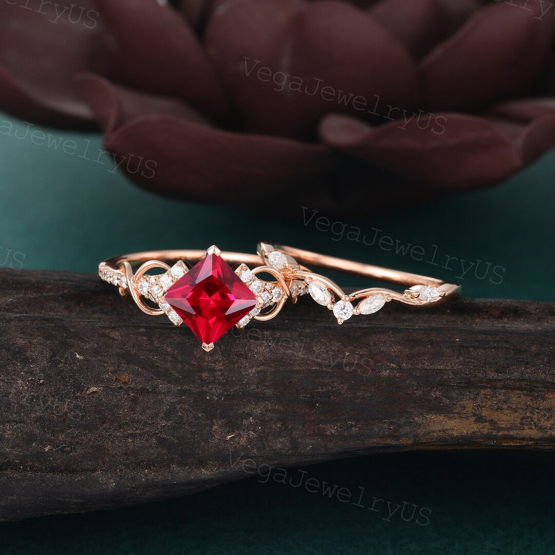 Princess Cut Ruby Engagement Ring Set Unique Rose Gold Moissanite Ring ...