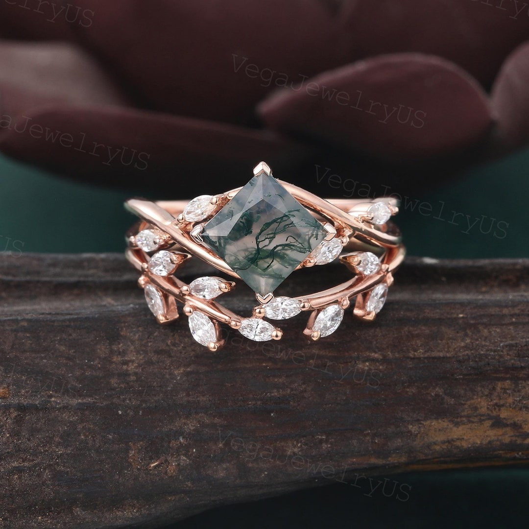 Princess Cut Moss Agate Engagement Ring Set Vintage Rose Gold Marquise ...