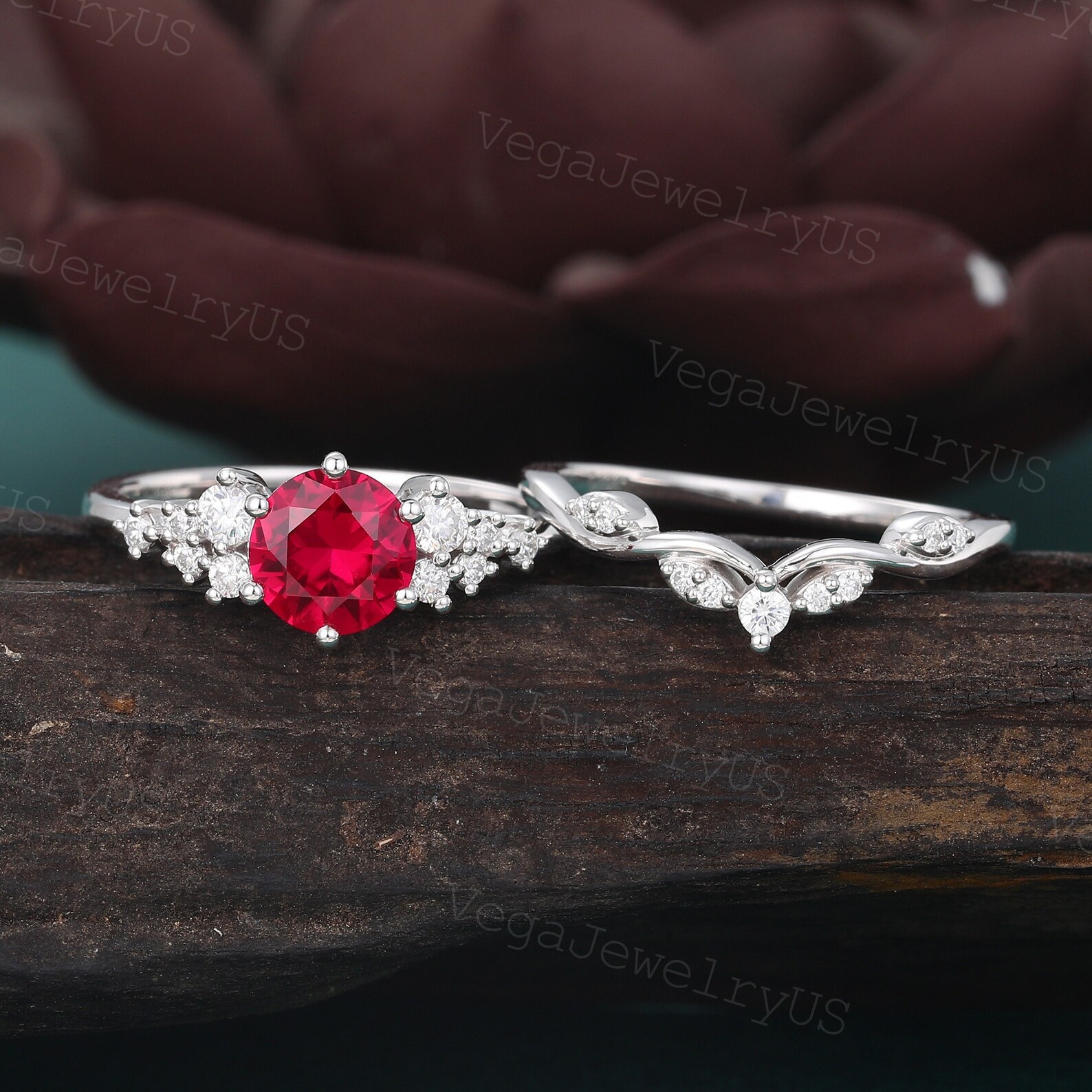 Lab Ruby Engagement Ring Set Unique White Gold Engagement Ring Set ...