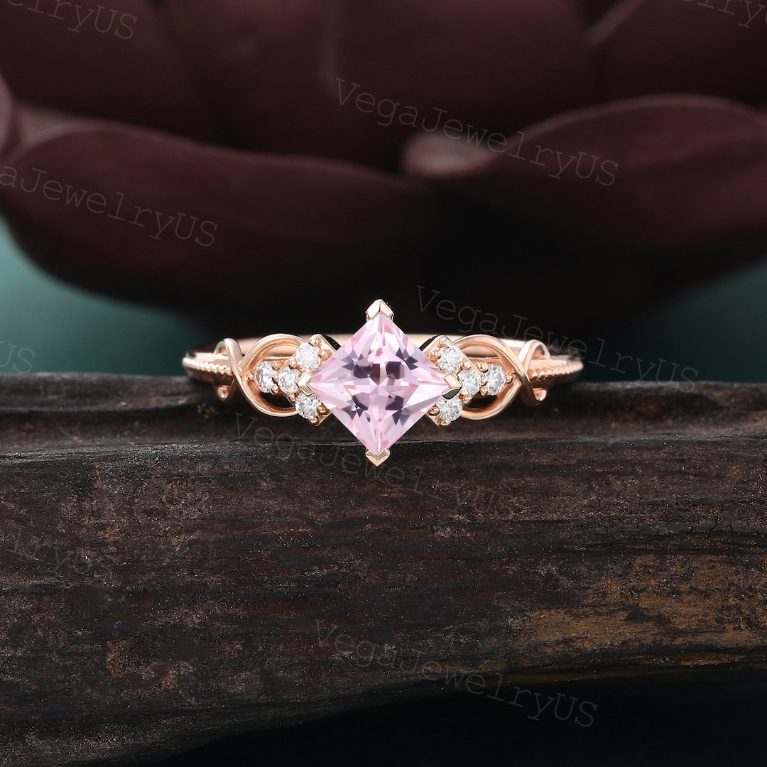 Pink Sapphire Princess Engagement Ring 14/18K Rose Gold Moissanite ...