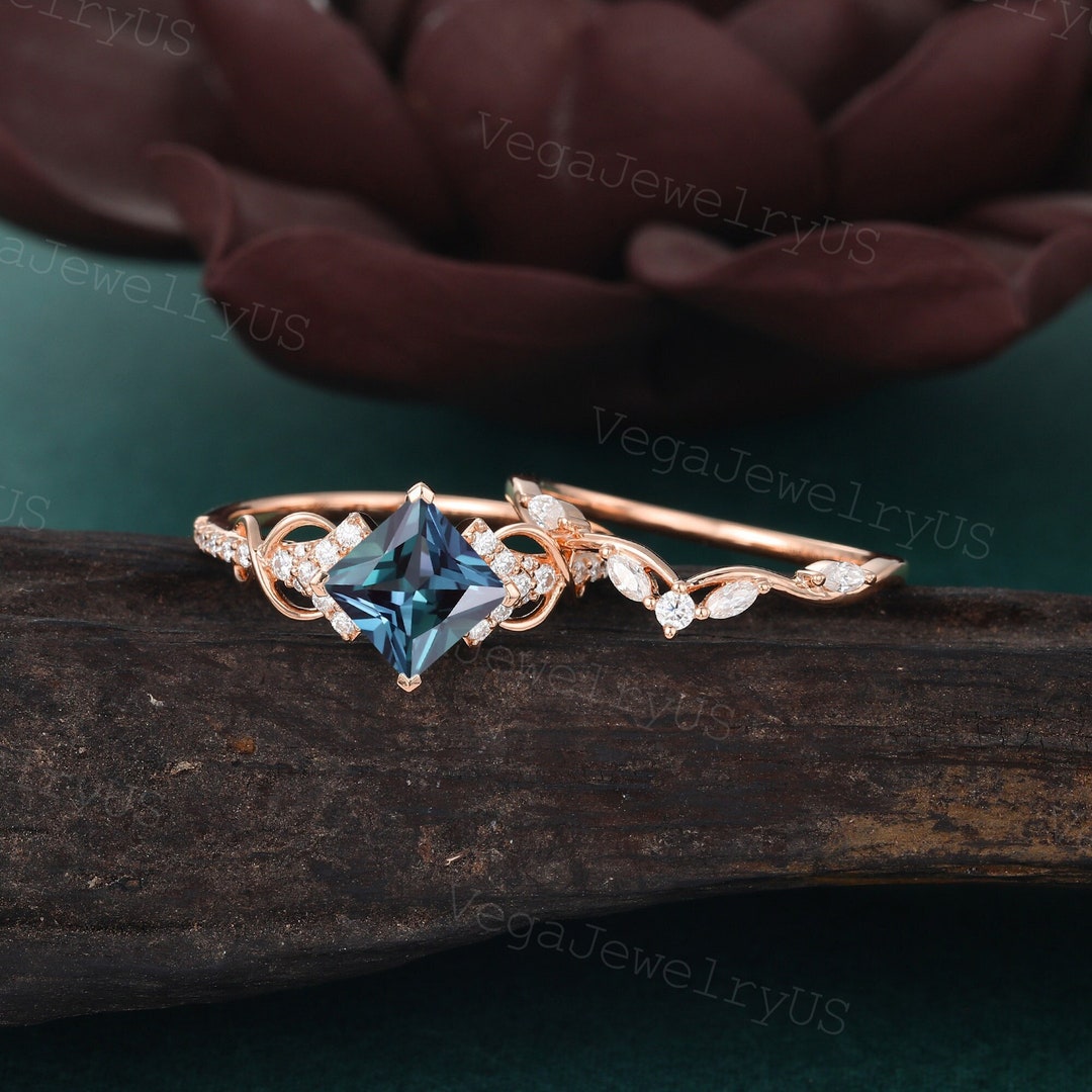 Princess Cut Lab Alexandrite Ring Set Unique Rose Gold Engagement Ring ...