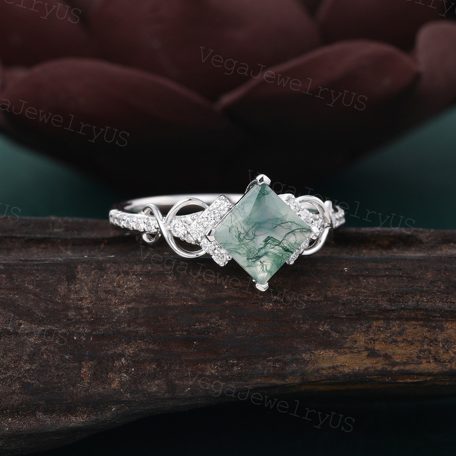 Princess Cut Moss Agate Engagement Ring Unique White Gold Moissanite ...