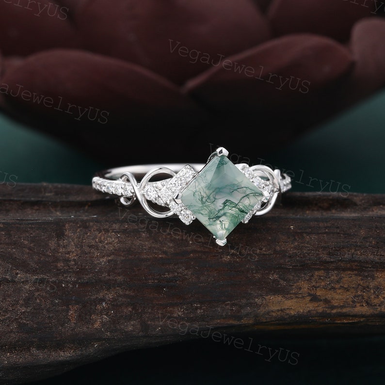 Princess Cut Moss Agate Engagement Ring Unique White Gold - Etsy
