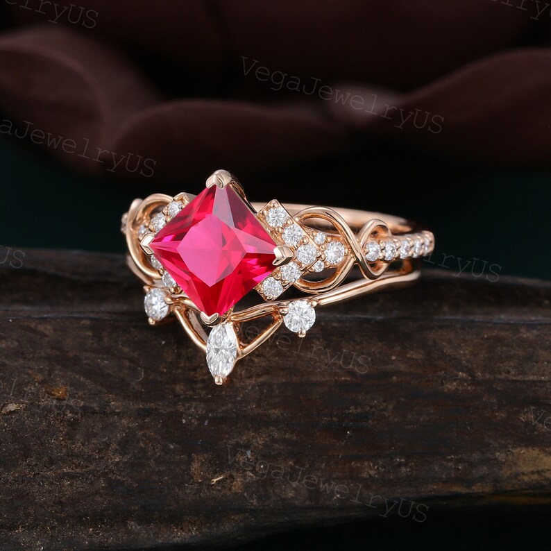 Princess Cut Ruby Engagement Ring Set Rose Gold Moissanite - Etsy