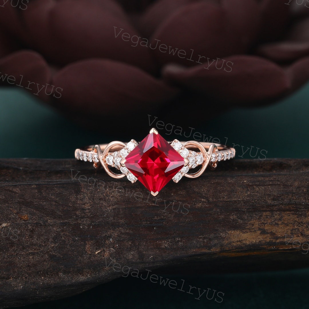 Princess Cut Ruby Engagement Ring Unique Rose Gold Moissanite Bridal ...