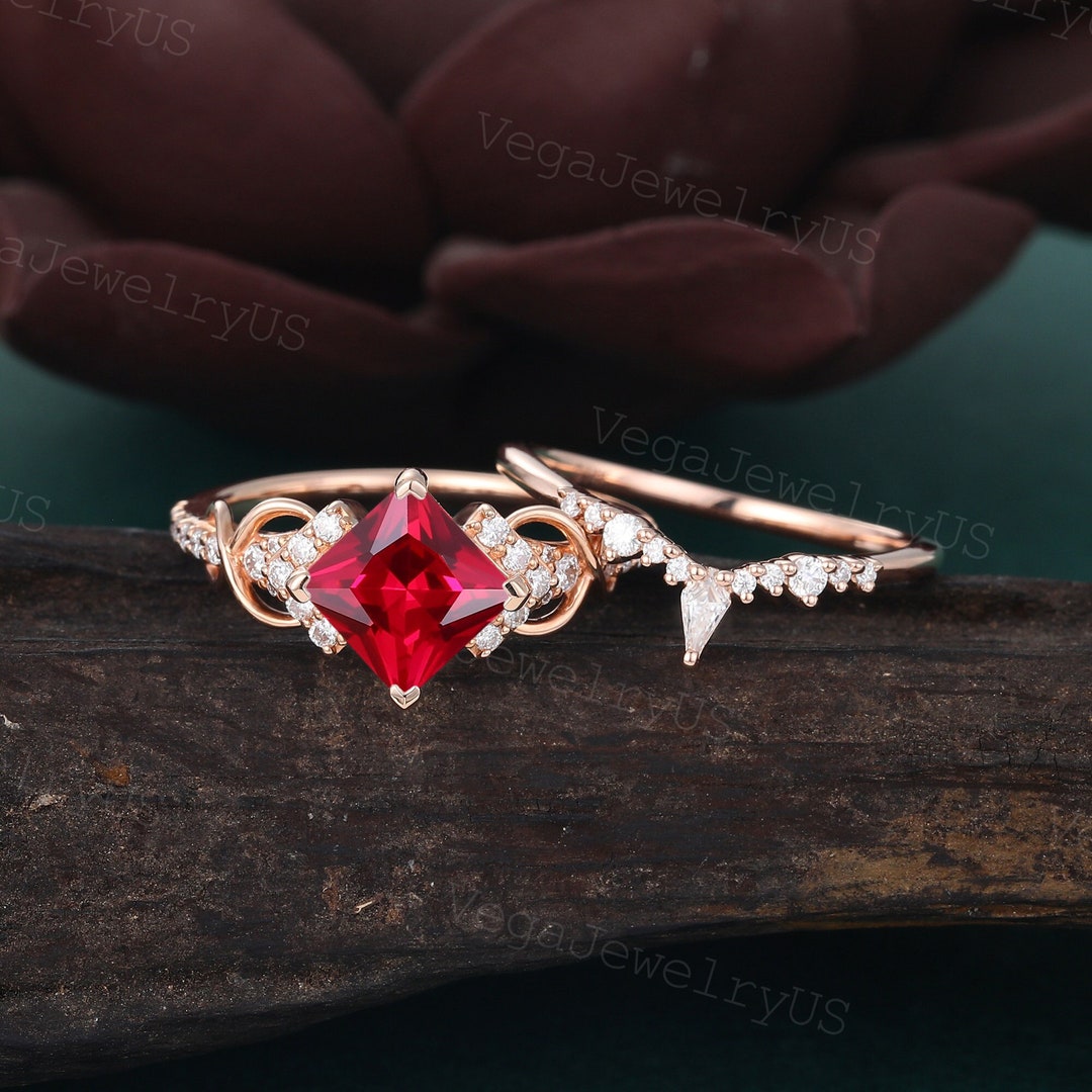 Princess Cut Ruby Engagement Ring Set Rose Gold Moissanite - Etsy