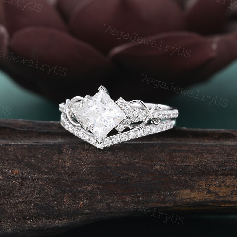 Princess Cut Moissanite Ring Set Unique White Gold Engagement Ring Set ...