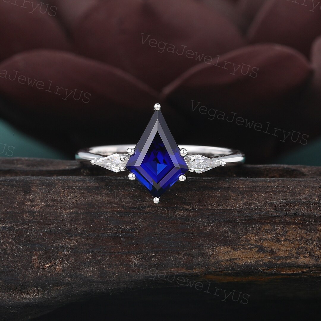 Kite Cut Lab Sapphire Engagement Ring Danity White Gold Engagement Ring Kite Cut Moissanite ...