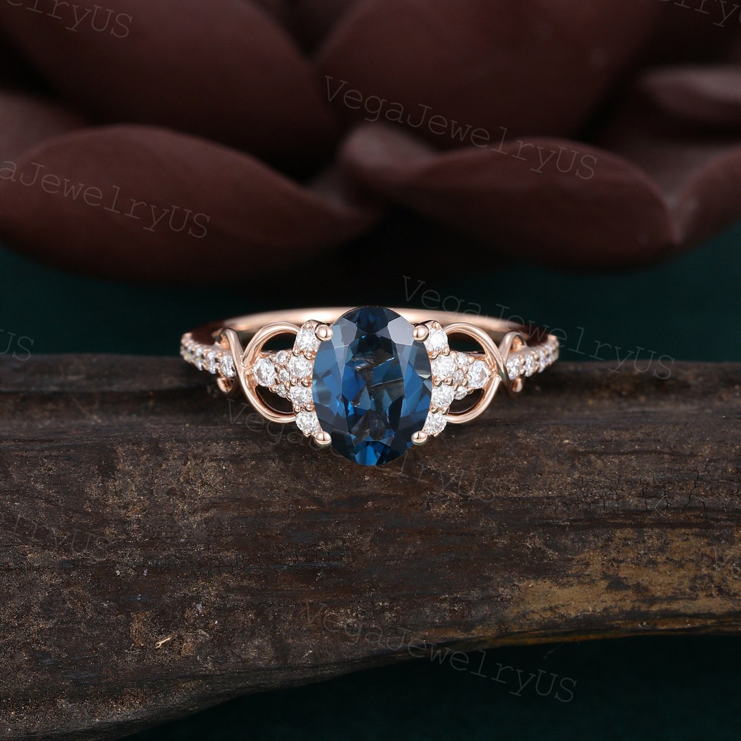 Oval London Blue Topaz Ring Unique Rose Gold Engagement Ring Dainty ...