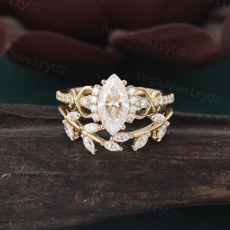 Marquise Cut Moissanite Engagement Ring Set Unique Yellow Gold Art Deco ...