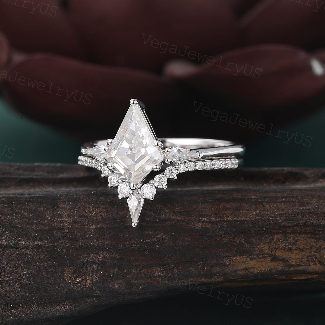 Kite Cut Moissanite Ring Set Unique White Gold Engagement Ring Set Art ...