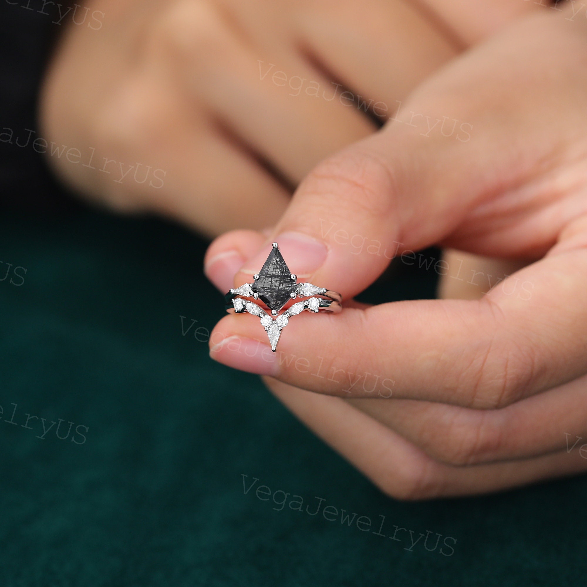 Kite Cut Black Rutilated Quartz Ring Set Unique White Gold Engagement ...