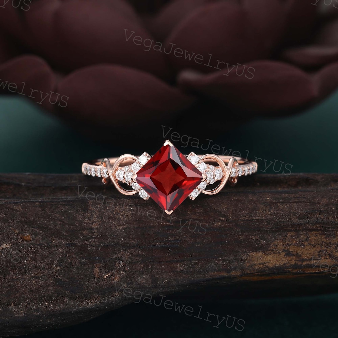 Princess Cut Garnet Engagement Ring Unique Rose Gold Moissanite Bridal ...