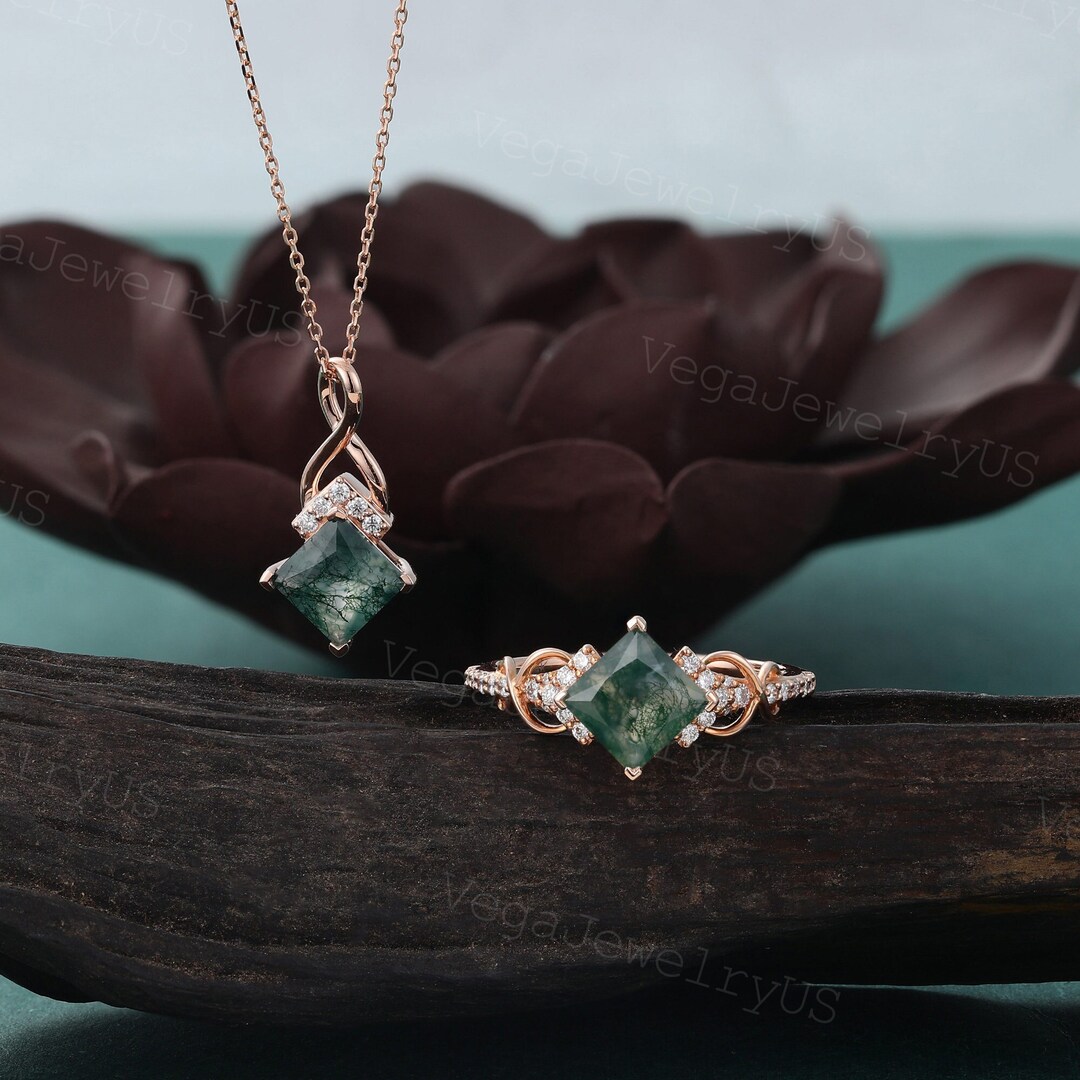 Princess Cut Natural Moss Agate Engagement Ring Necklace Bridal Set ...