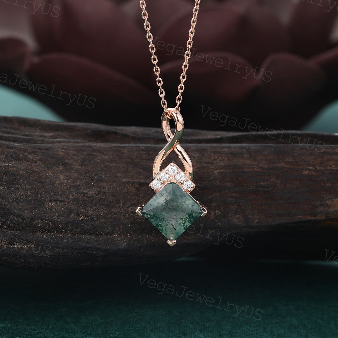 Princess Cut Natural Moss Agate Necklace Vintage 14K/18K Rose Gold ...
