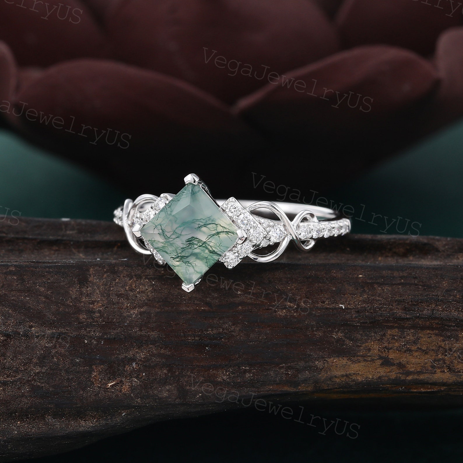 Princess Cut Moss Agate Engagement Ring Unique White Gold Moissanite ...